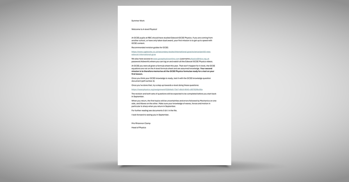 Physics A Level Summer Work