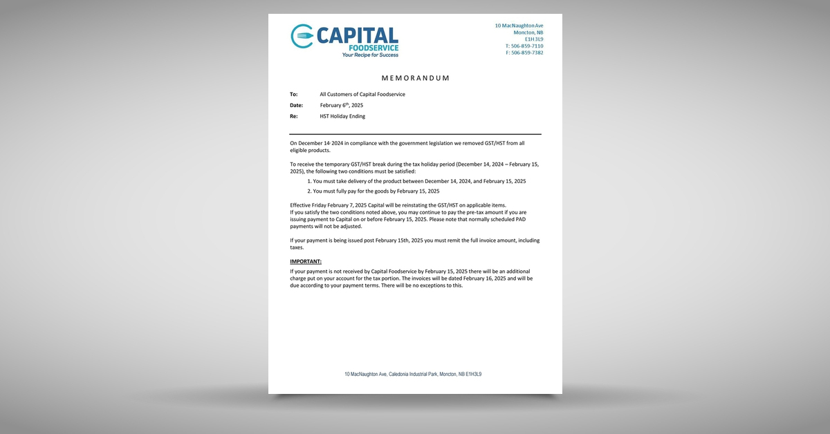HST Tax Relief Ending - Capital Foodservice