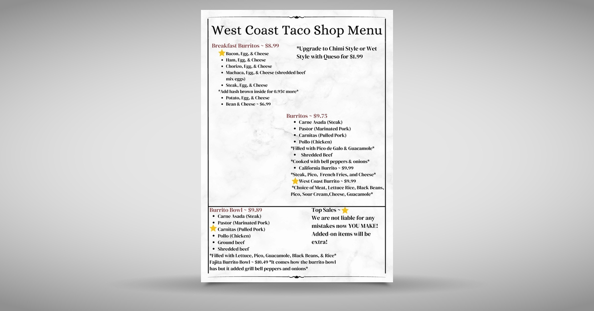 WC Taco Shop Menu